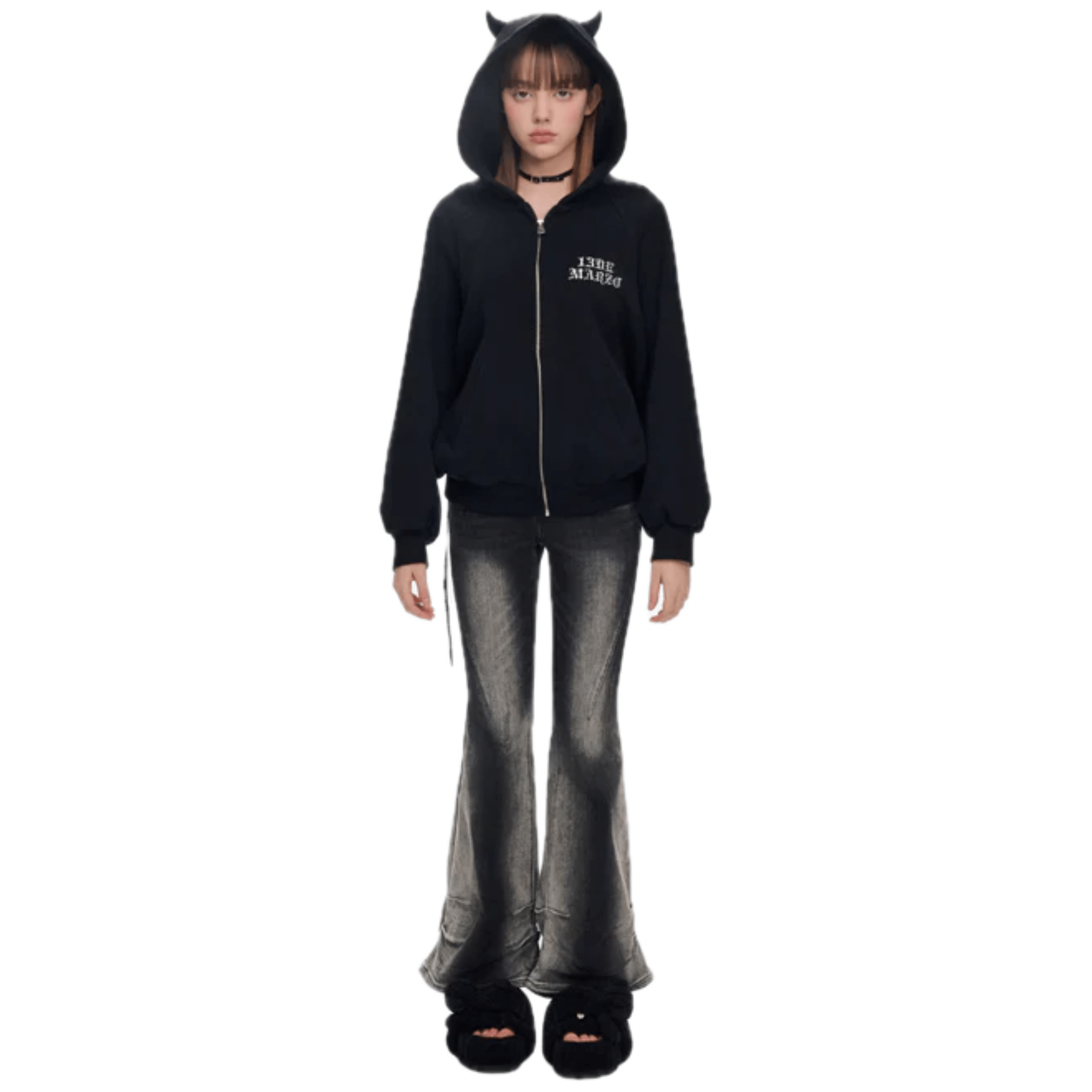 Angel Devil Bear Tweed Hoodie in Black | MADAX