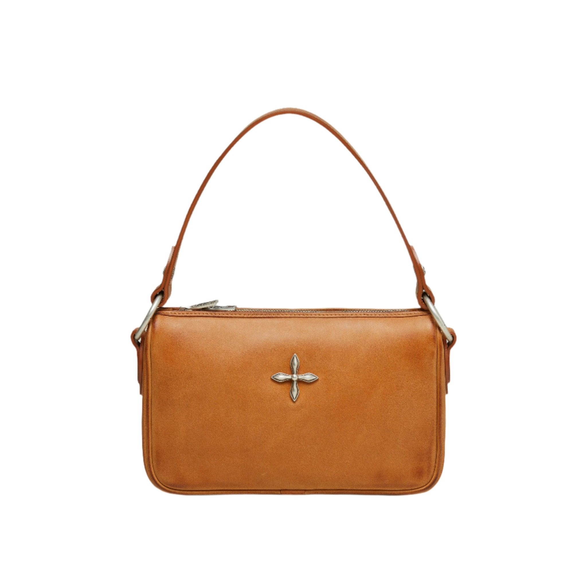 Compass Badge Patina Leather Shoulder Bag In Caramel (Medium) | MADAX