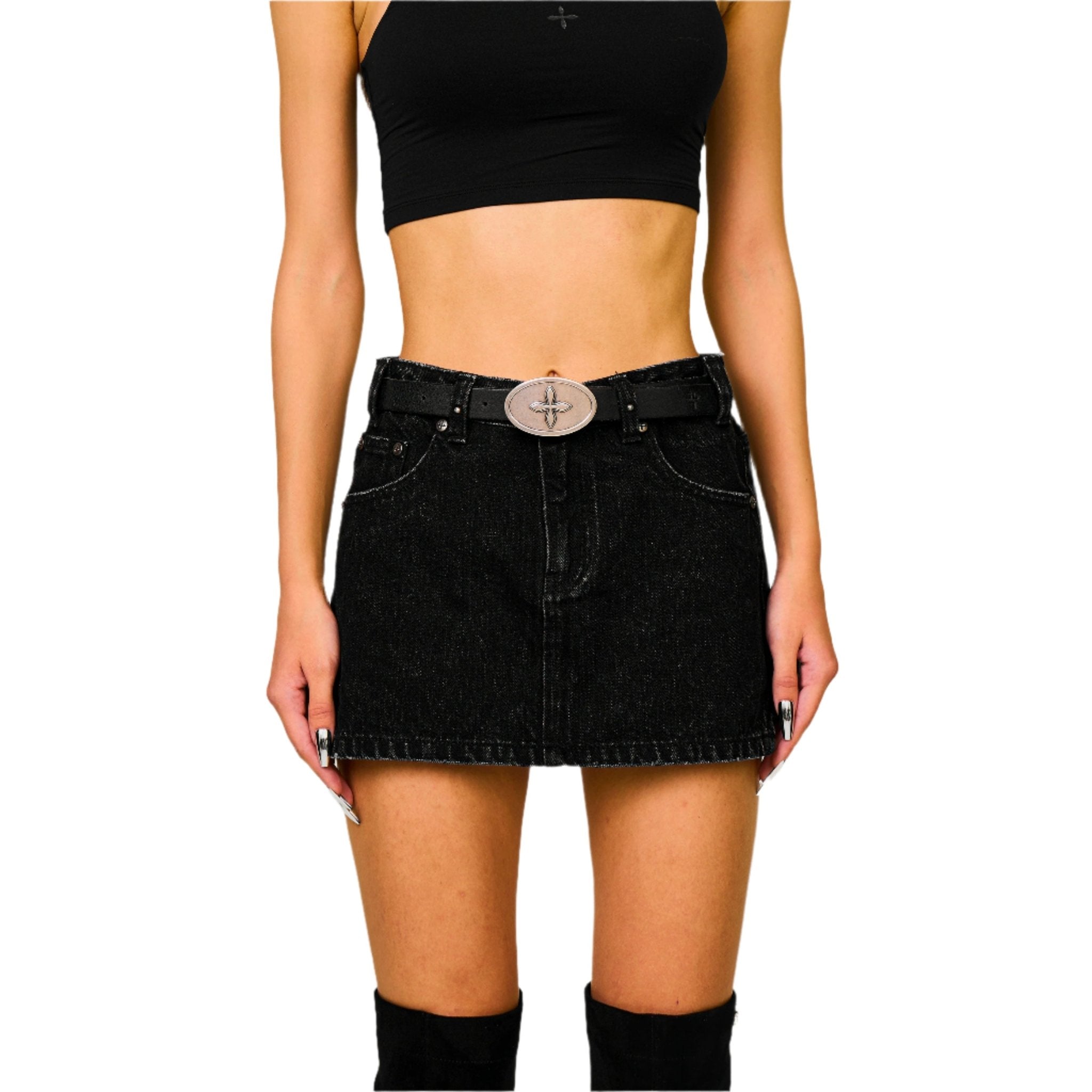 Compass Cross Classic Cut-Off Denim Skirt In Black | MADAX