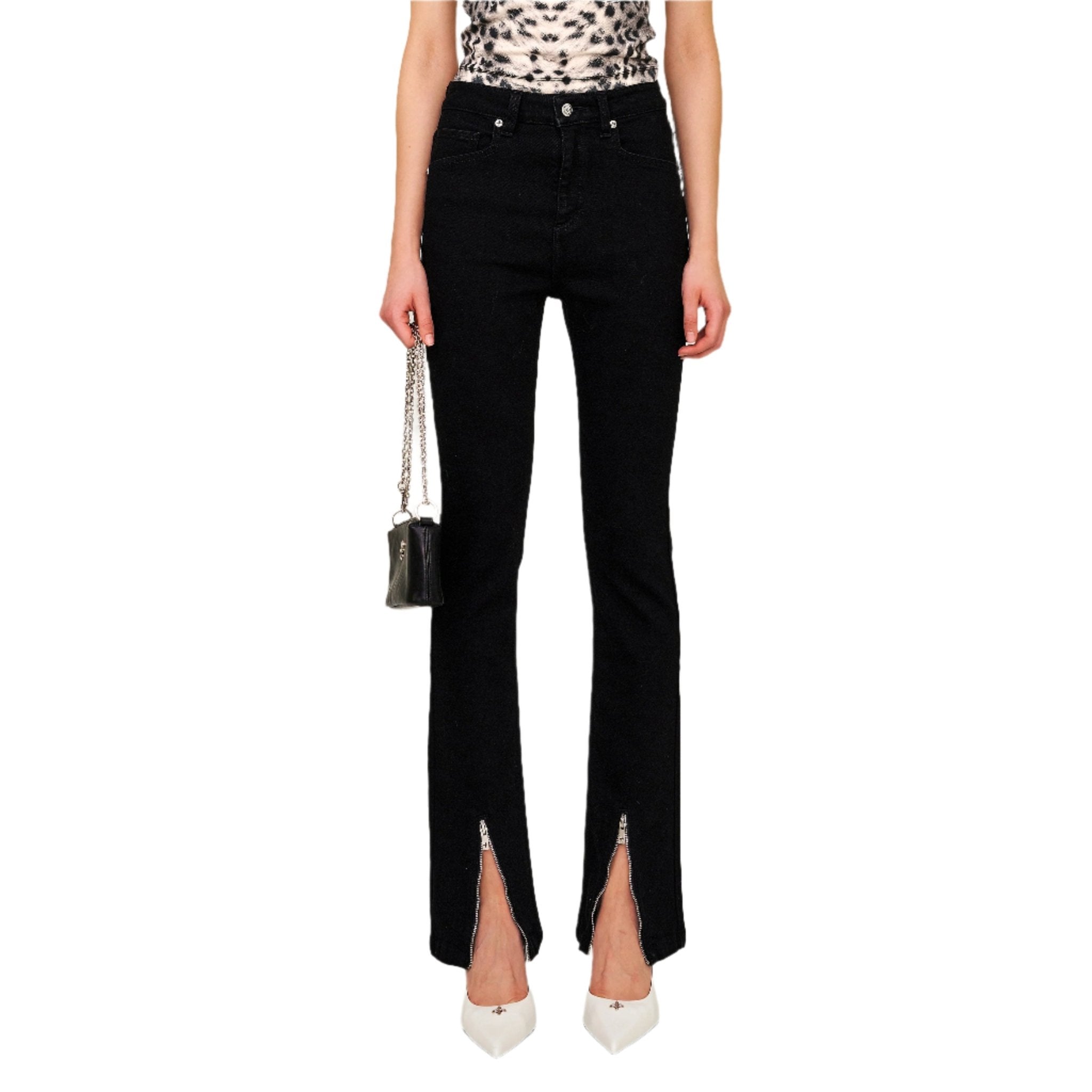 Compass Rivet Zipper Motorcycle Jeans In Black | MADAX