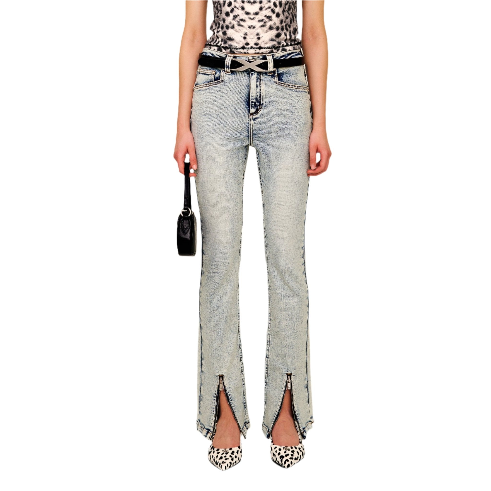Compass Rivet Zipper Motorcycle Jeans In White | MADAX