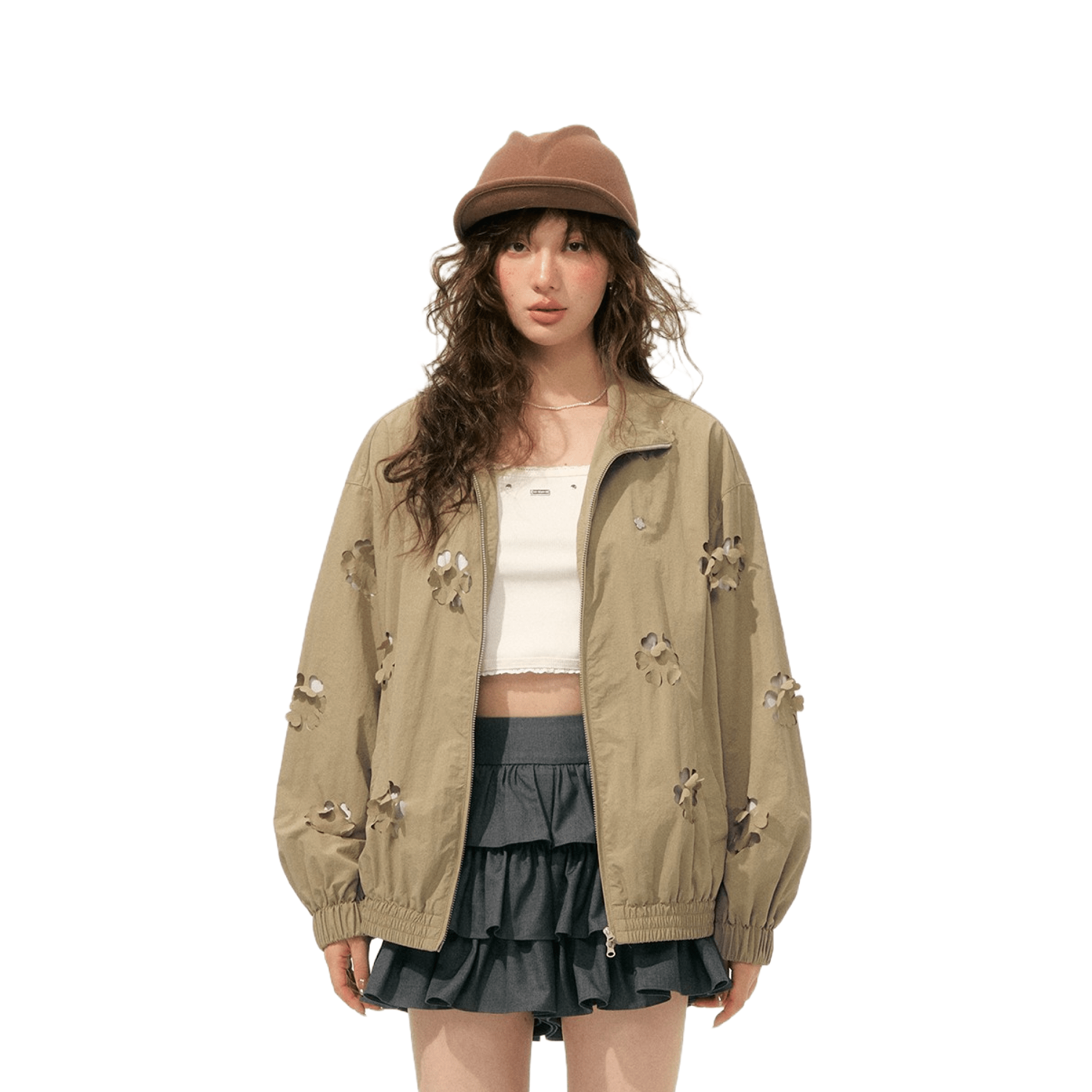 Heavy Hollow Cut Floral Jacket In Khaki | MADAX