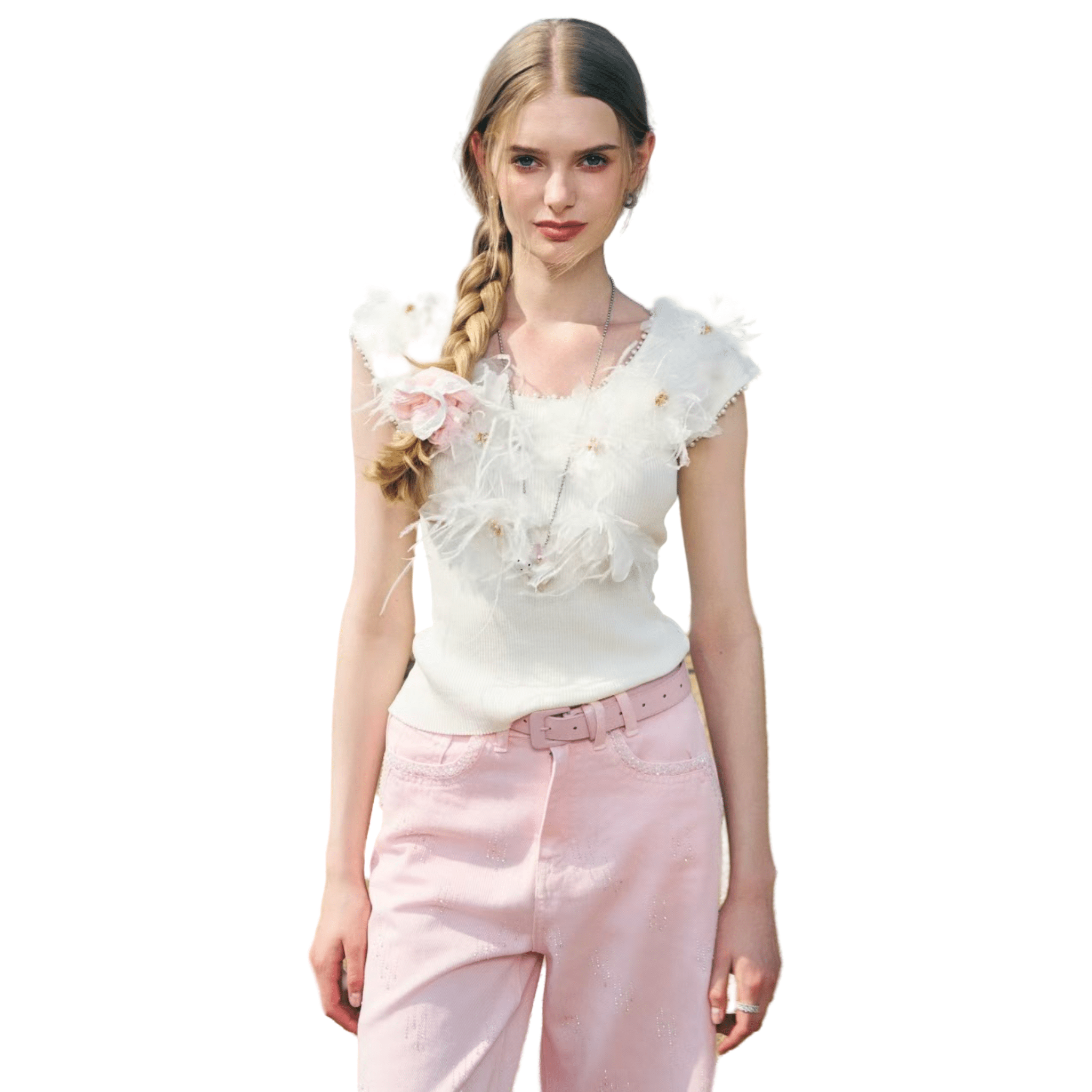 Pearl Collar Three-dimensional Flower Sleeveless Vest in White | MADAX