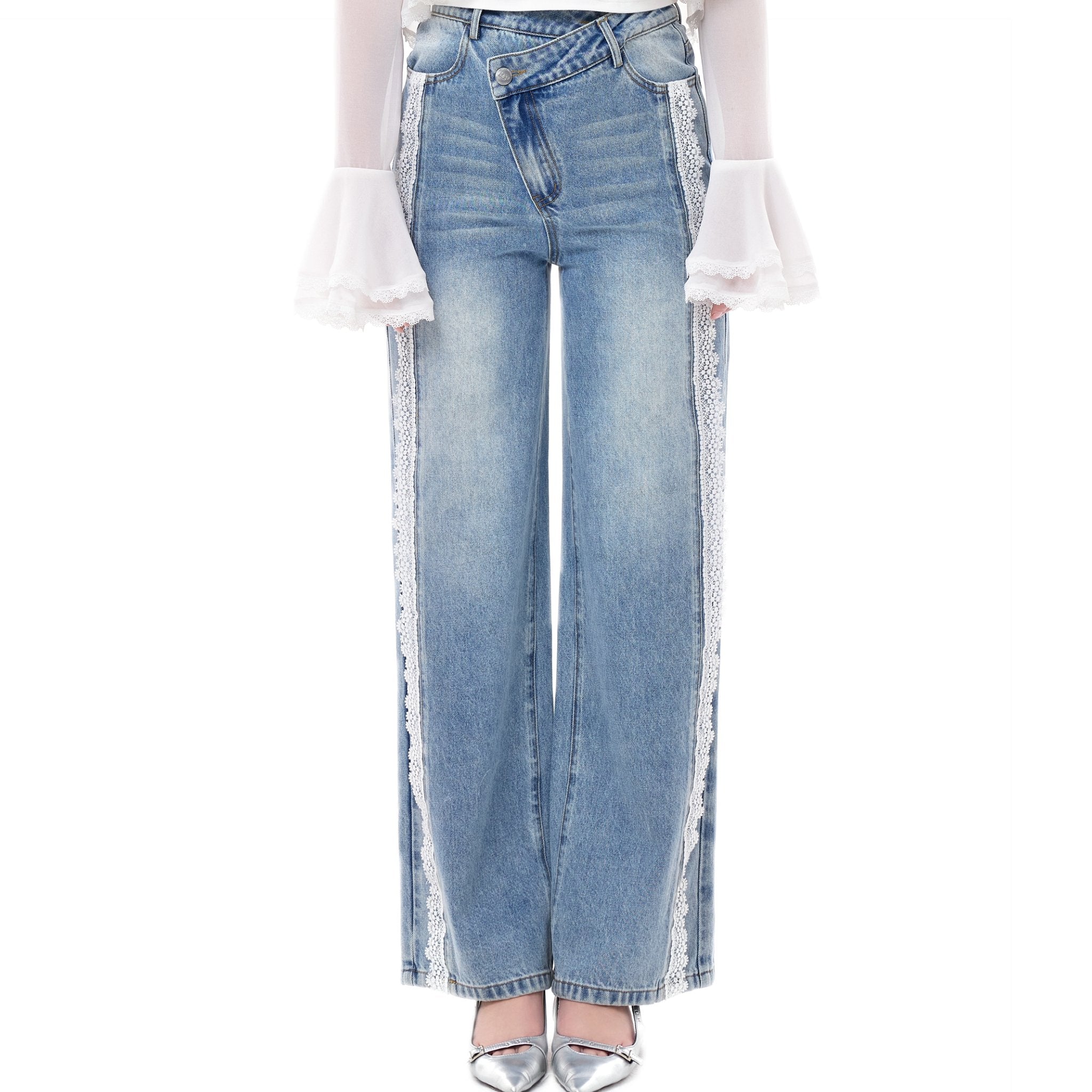 Slant Lapel Patchwork Lace Jeans | MADAX