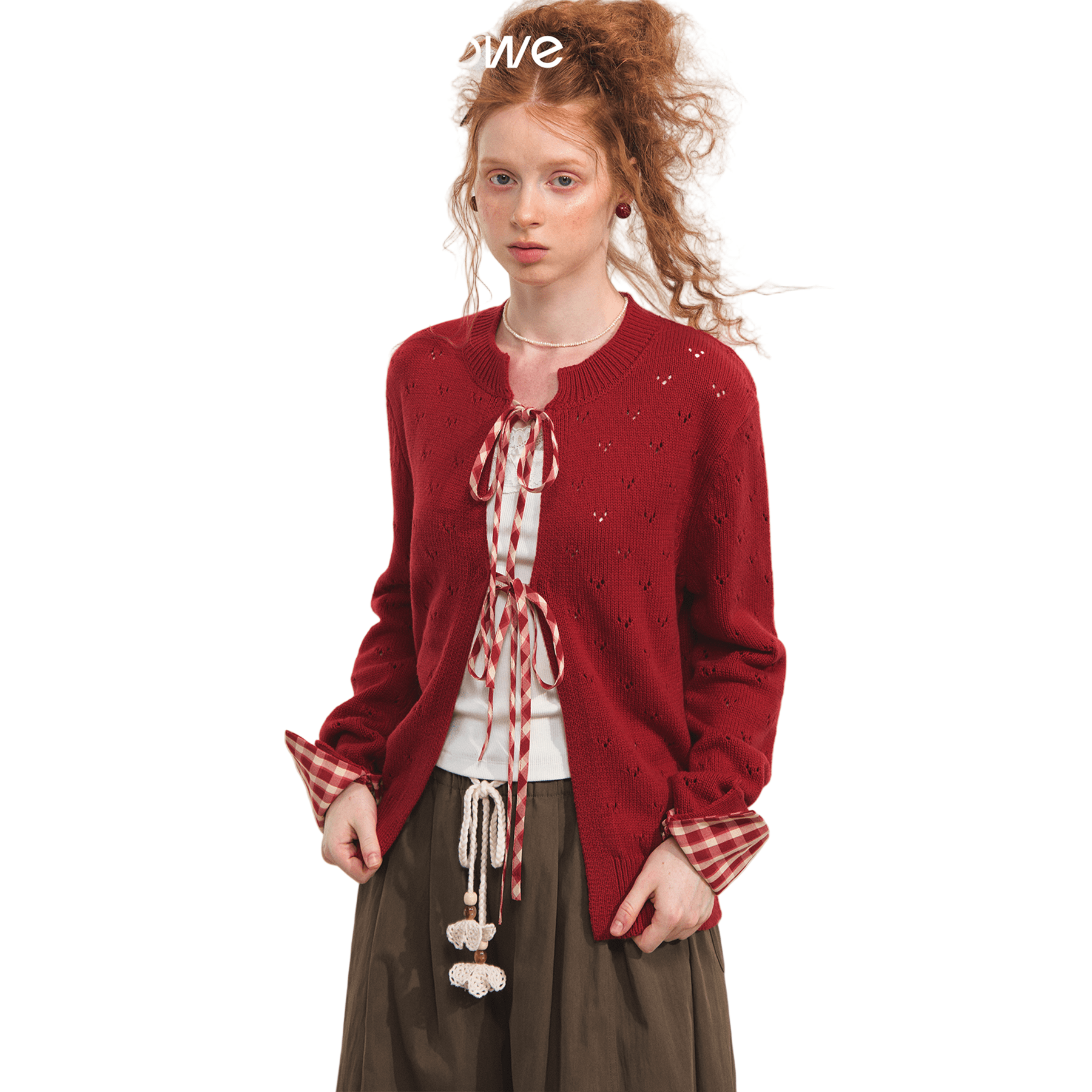 Vintage Plaid Lace-Up Cardigan In Red | MADAX