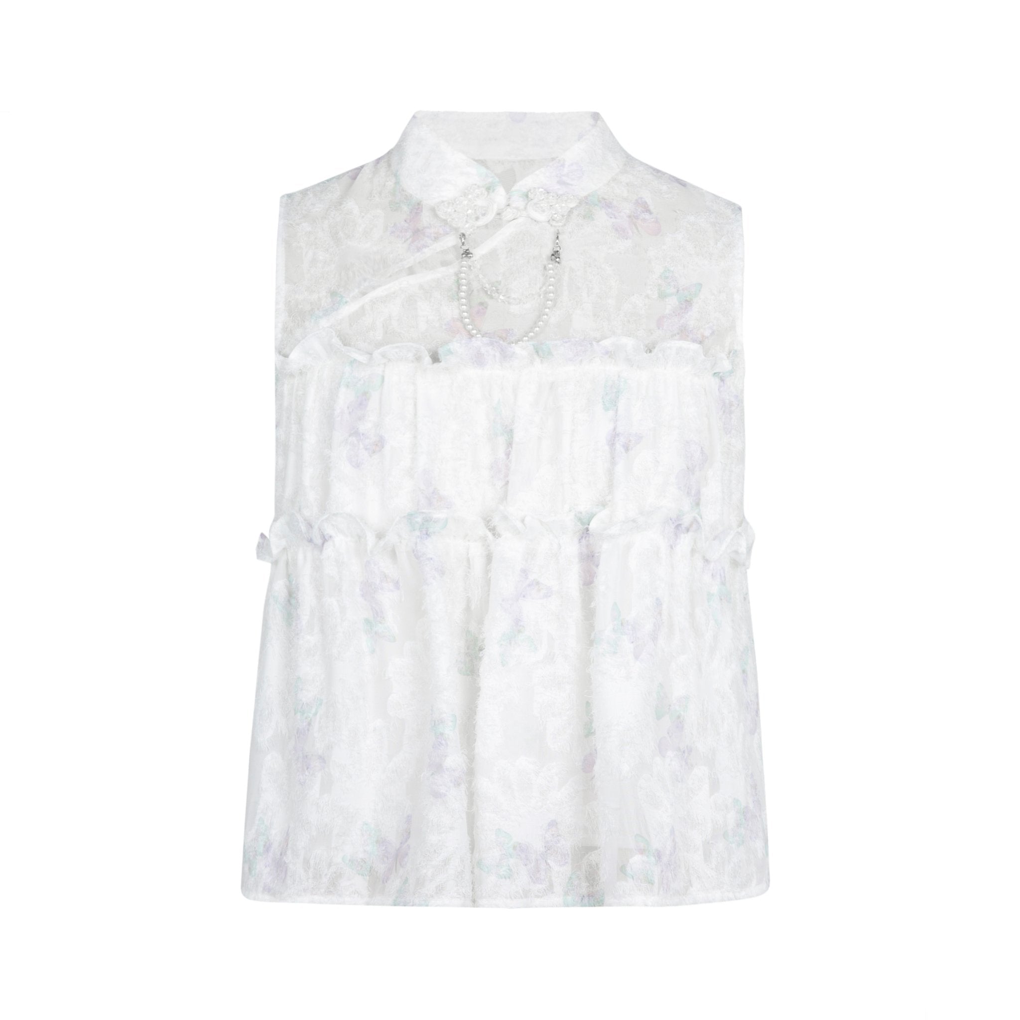 White Butterfly Printed Pearl Chain New Chinese Top | MADAX