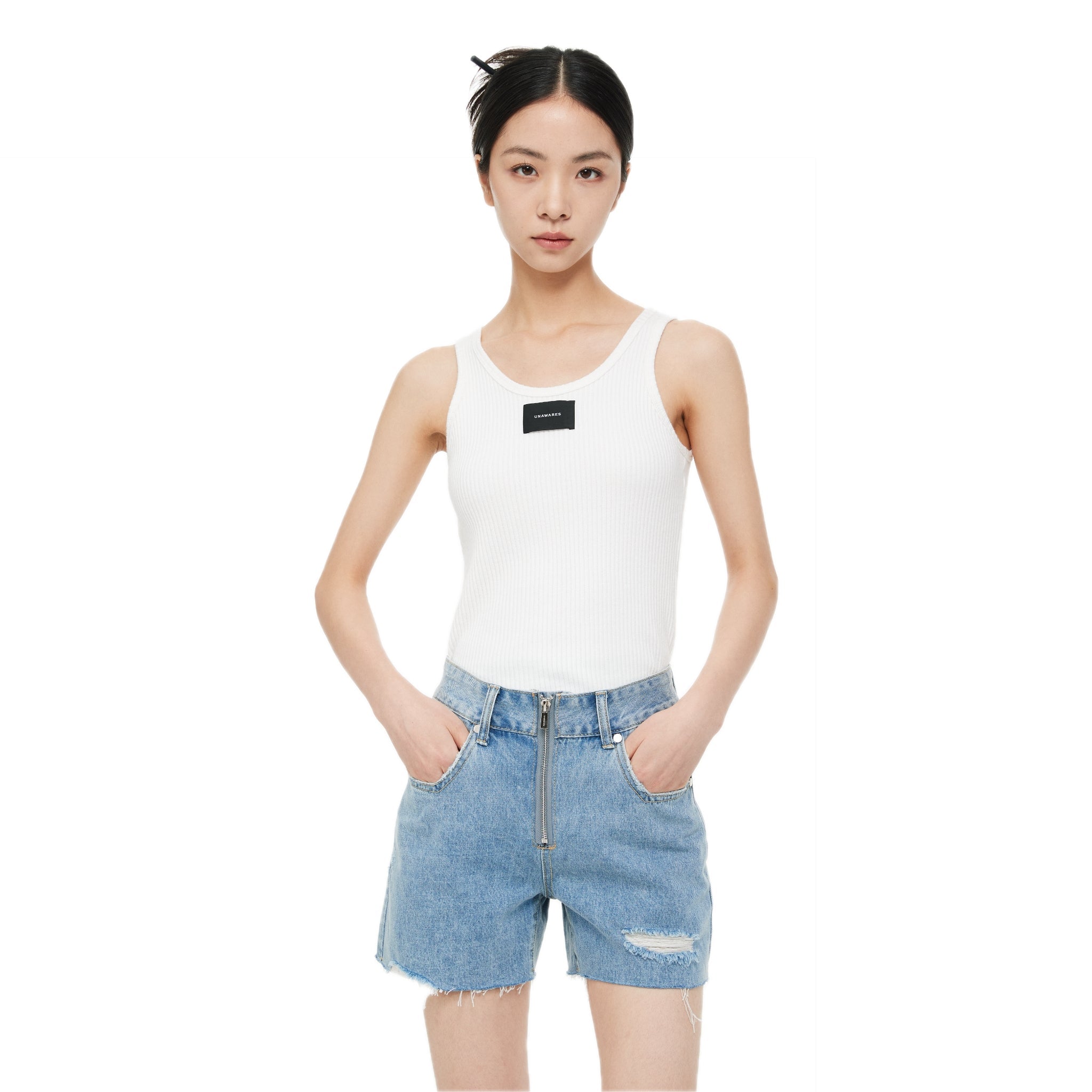 White Customized Inverted Triangle Buckle Rib Tank Top | MADAX